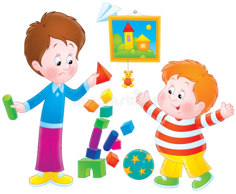 Boys playing with bricks stock illustration. Illustration of drawing ...