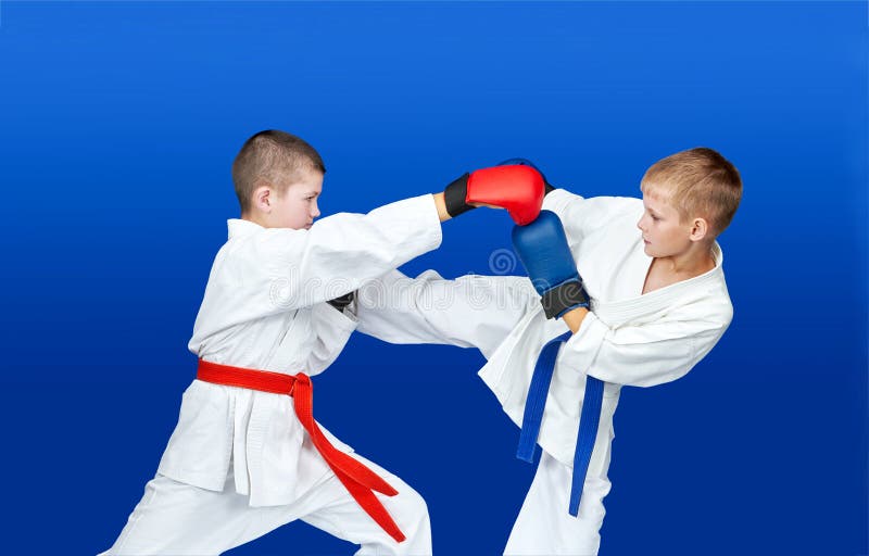 Boys with Red and Blue Belts are Hitting Blows Arm and Leg Stock Image ...