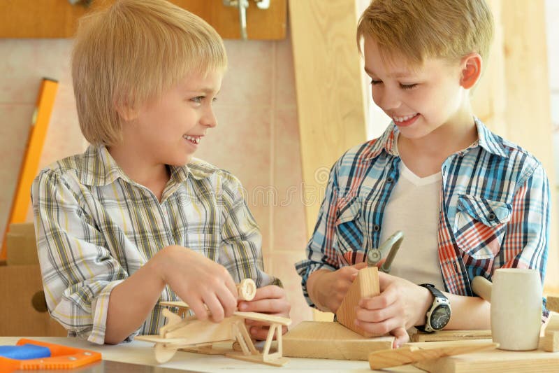 Boys Working with Wood in Workshop Stock Image - Image of preadolescent ...