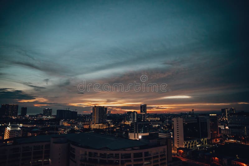 Panoramic View of City Skyline, Traffic and Light during Sunset ...