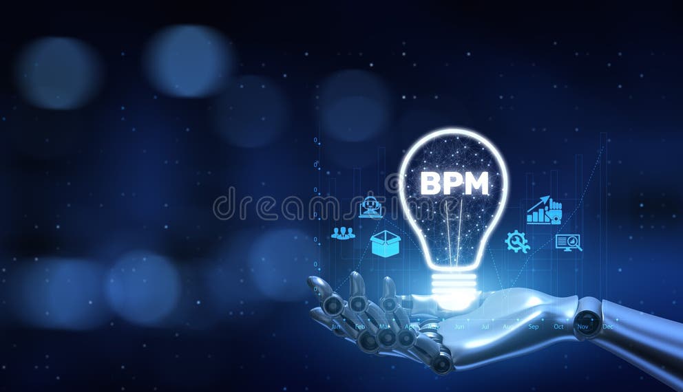 BPM Business Process Management Illustrated with a Robot Hand Pressing ...