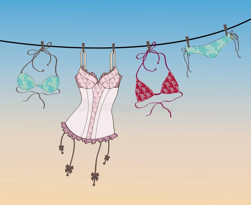 Bra and Lingerie Hanging on Rope Stock Vector - Illustration of chic ...