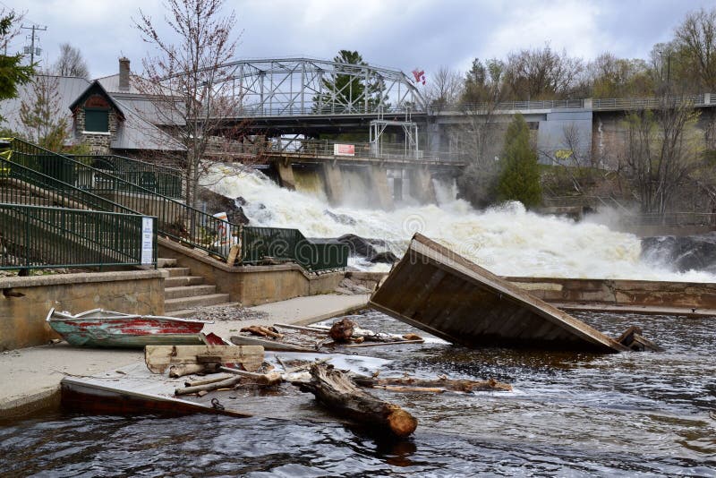 Bracebridge Falls with High Water Flow and Destroyed Docks Stock Photo ...