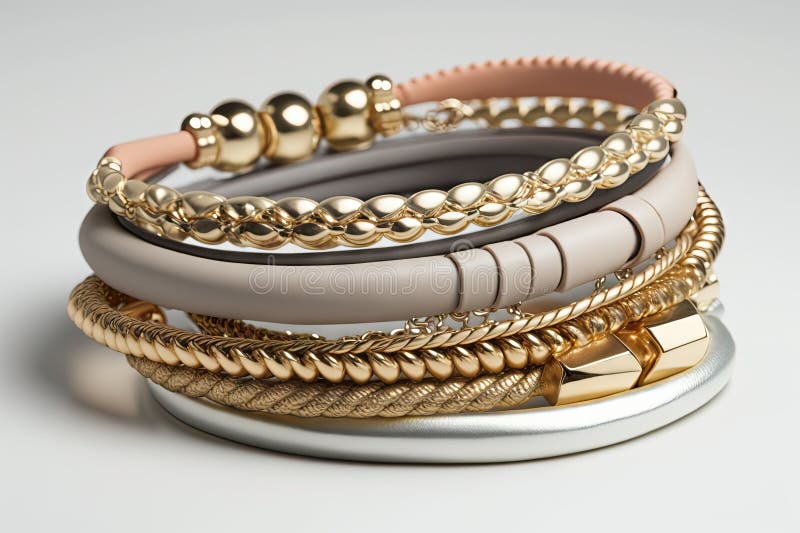 Bracelet Stack of Delicate Chain and Leather Bracelets on White ...