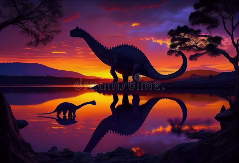 Brachiosaurus Dinosaur at Sunset by the Lake. Stock Illustration ...