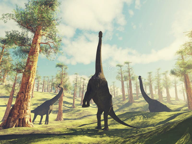 Brachiosaurus Dinosaur in the Valley Eating and a Pterodactyl Flying ...