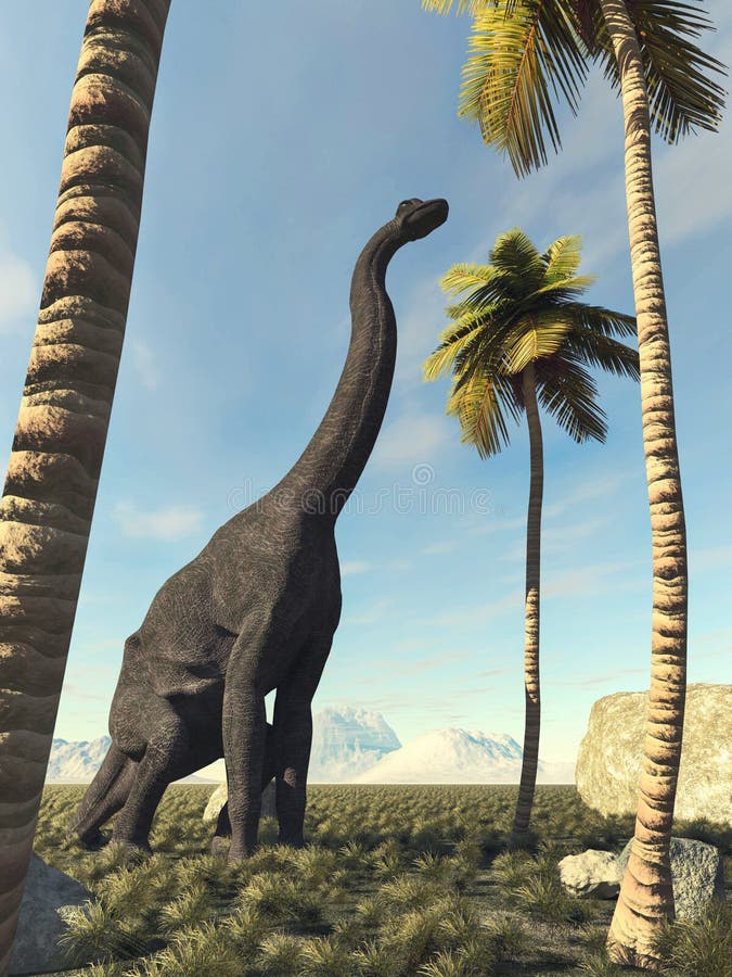 Brachiosaurus Dinosaur in the Valley Eating and a Pterodactyl Flying ...
