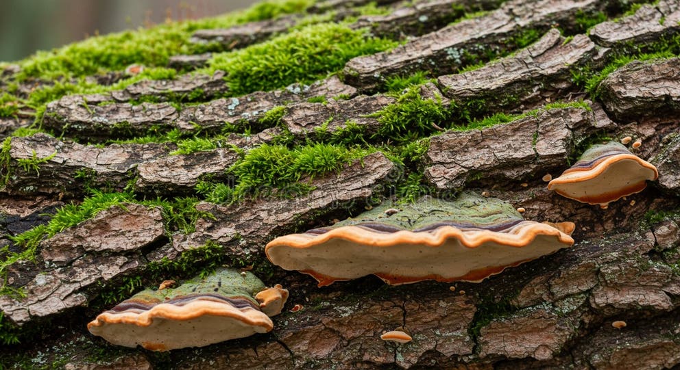 Bracket Fungus (likely *Ganoderma* Sp.) Grows on a Tree Trunk Stock ...