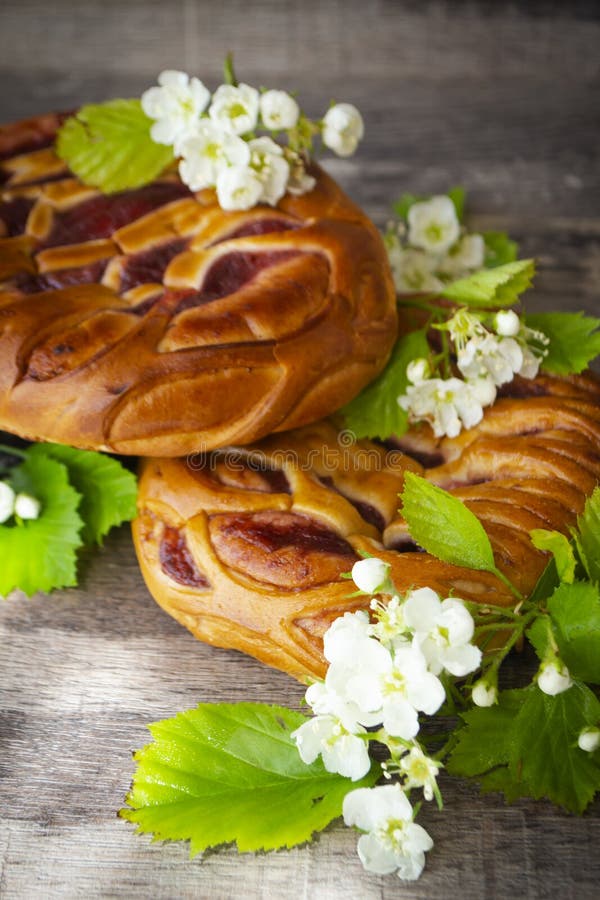 Braided Bread with Strawberry and Spring Flowers Stock Photo - Image of ...
