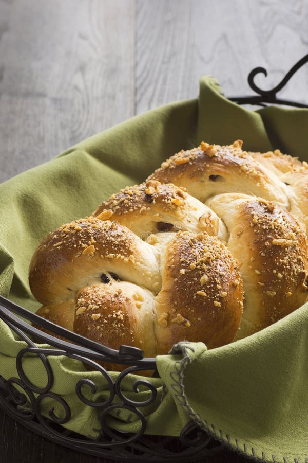 Braided Dried Fruit and Nut Bread in Basket Stock Photo - Image of ...