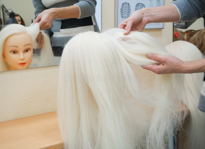 Braiding Braids on a Mannequin. Training Braiding. Stock Image - Image ...