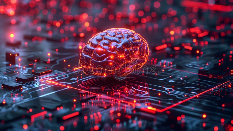 Brain Above a Motherboard in a Red-yellow Glow Stock Illustration ...