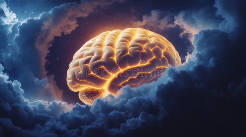 Brain Amidst Clouds. a Glowing Yellow Brain Floats in a Blue, Cloud ...