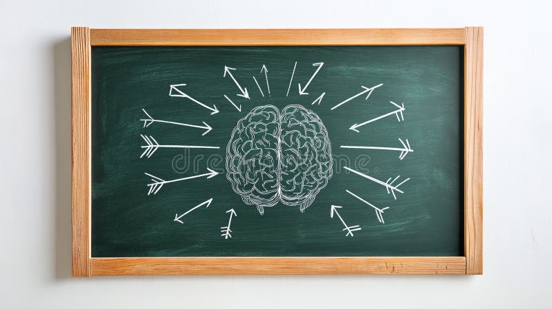 Brain with Arrows on Green Chalkboard Concept of Thinking and ...