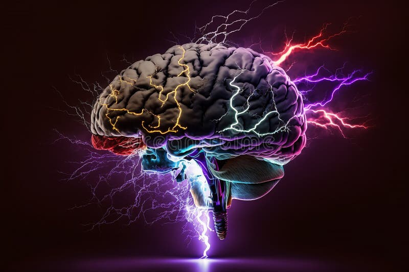 Brain Blast, Neon Glowing Brain with Lightning Bolts Against a Black ...