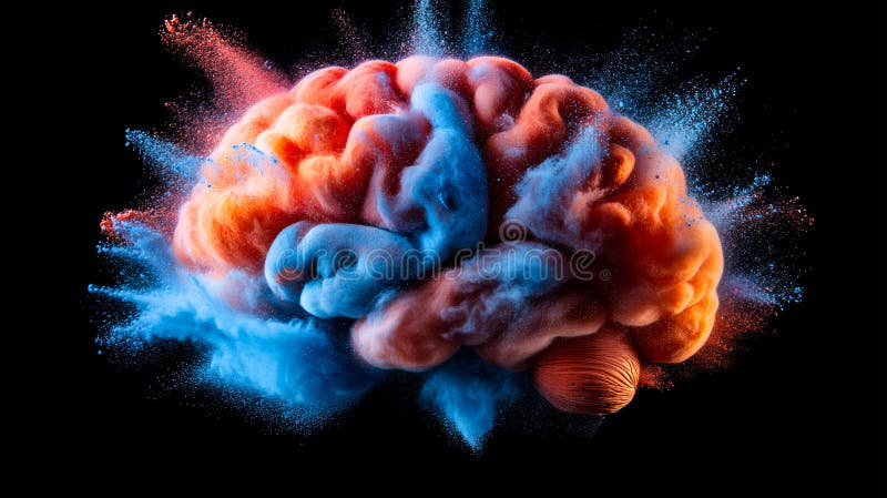 A Brain with Blue and Red Colors is Shown in a Cloud of Dust Stock ...