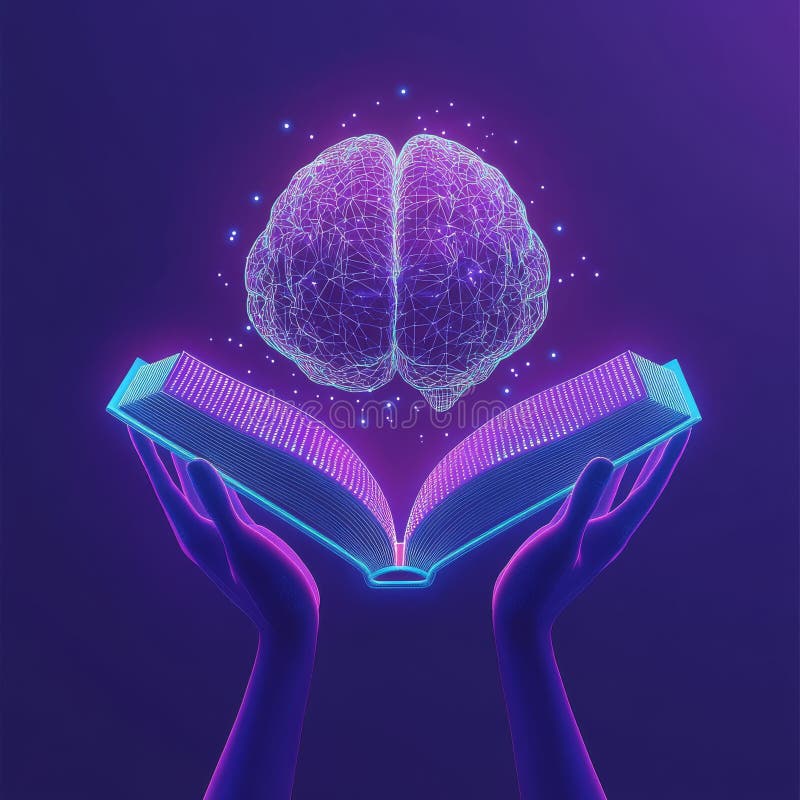 The Brain and Book Can Be Seen As a Low Poly Wireframe Illustration. a ...