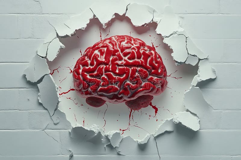 Brain Breaking through Wall in Red Tones Symbolizing Intellectual ...