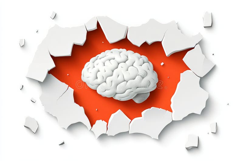 Brain Breaking through White Wall into Vivid Orange Background ...