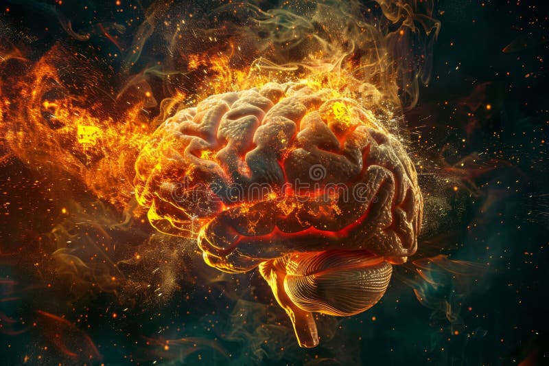 A Brain Bursts into Flames, Symbolizing Creativity and Intense Thought ...