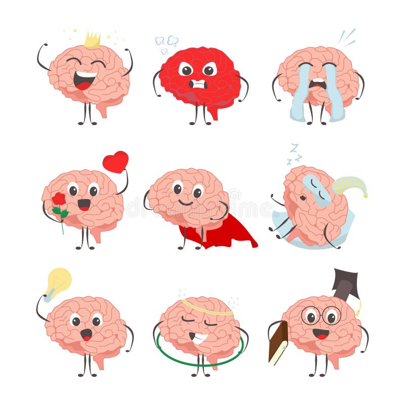 Brain Cartoon Characters Making Sport Exercises and Different ...