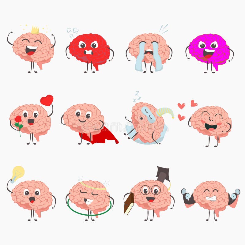 Brain Cartoon Characters Making Sport Exercises and Different ...