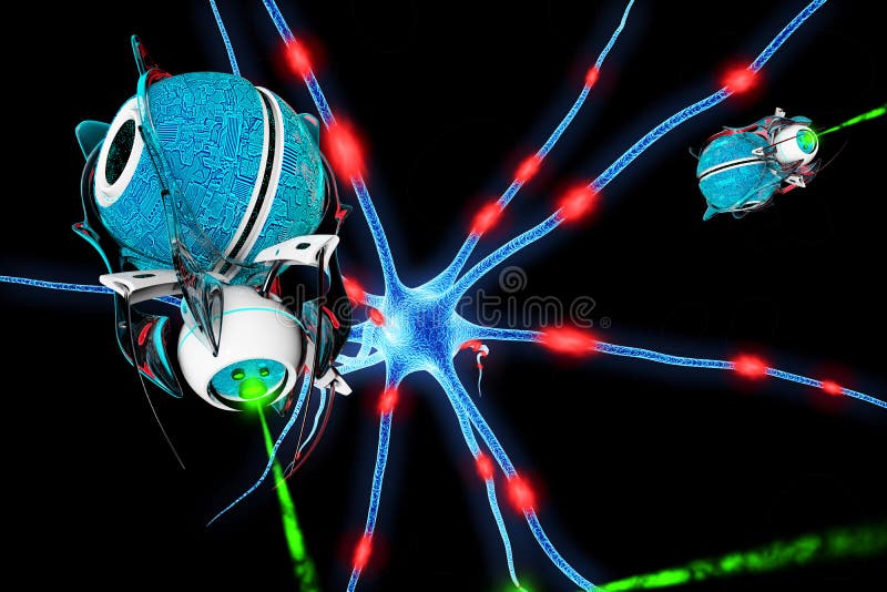 Brain Cell and Nanorbots. 3D Render Stock Illustration - Illustration ...