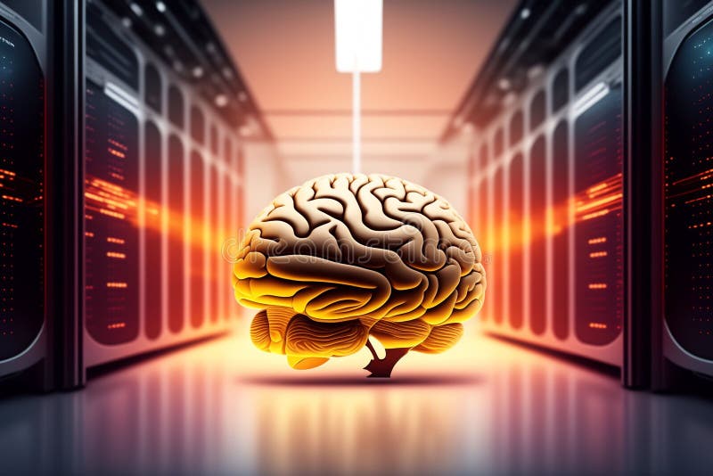 Brain in Center of Data Center Room. Generative AI Stock Illustration ...