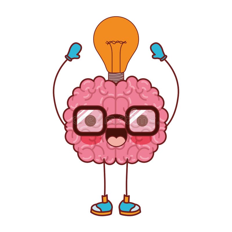 Brain Cartoon with Glasses and Light Bulb on Top with Smiling ...