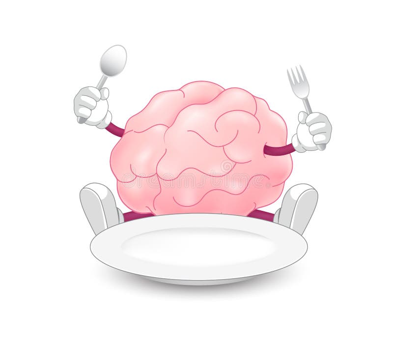 Brain Character Holding Spoon and Fork with Empty Plate. Stock Vector ...