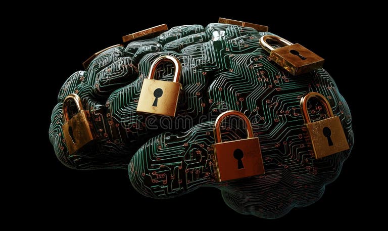 Brain with Circuitry and Locks Symbolizing Cybersecurity and Data ...