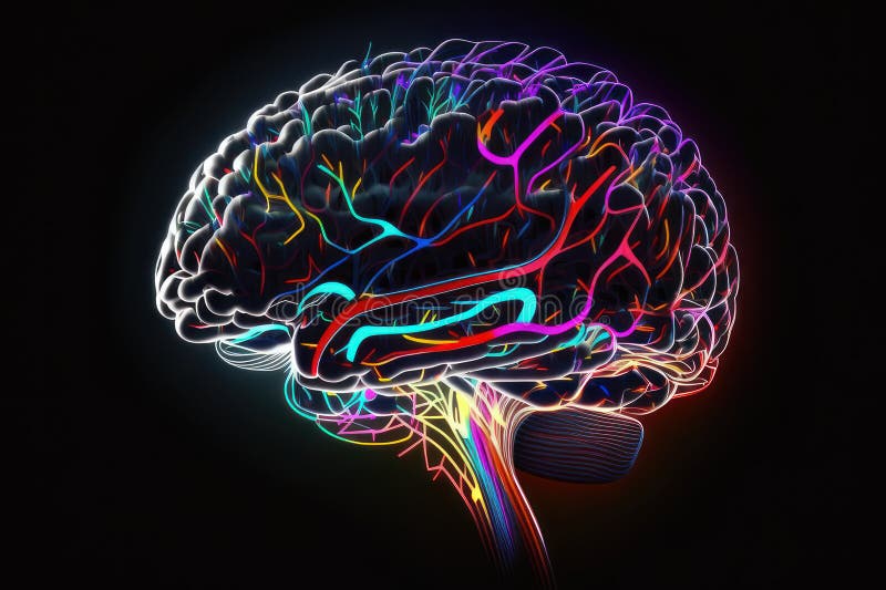 Brain, Colored Neon Lines on a Black Background. AI Generative Stock ...