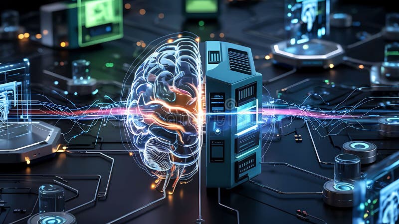 Artificial Intelligence Concept with Brain and Computer Connected by ...