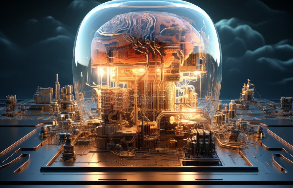 Brain on Computer Hardware, in Style of Futurist Elements,subjective ...