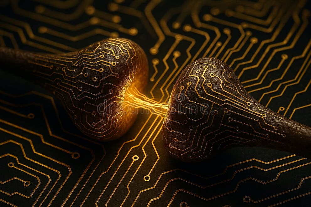 Brain Computer Interface Digital Synapse Connection in Gold, Neural Technology Visualization ...