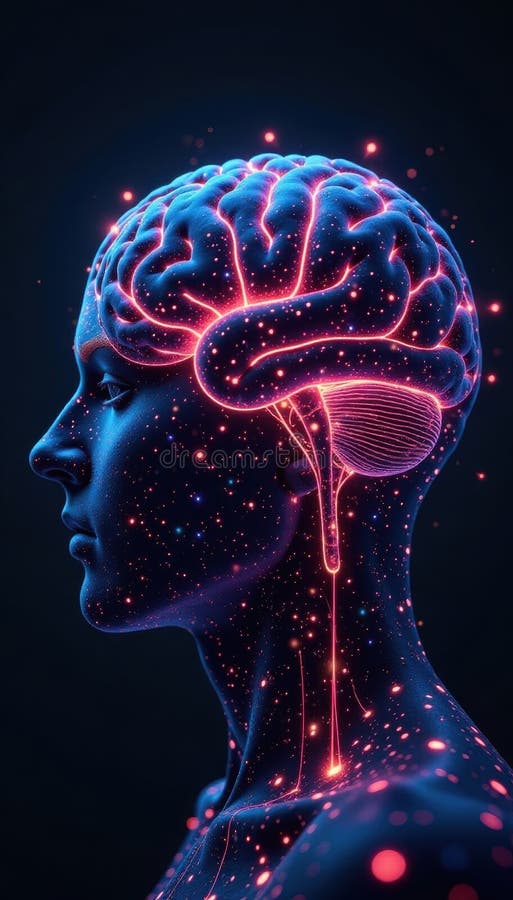 Brain Computer Interface Schematic, Glowing Nodes, Digital, Electronic ...