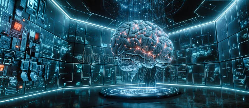 A Brain is Connected with the Computer in a Futuristic Computer Room ...