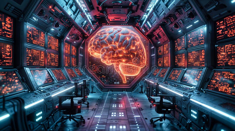 A Brain is Connected with the Computer in a Futuristic Computer Room ...