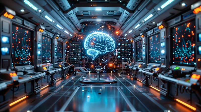 A Brain is Connected with the Computer in a Futuristic Computer Room ...