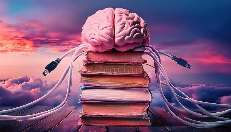 Brain Connected To Books in a Digital World Stock Illustration ...