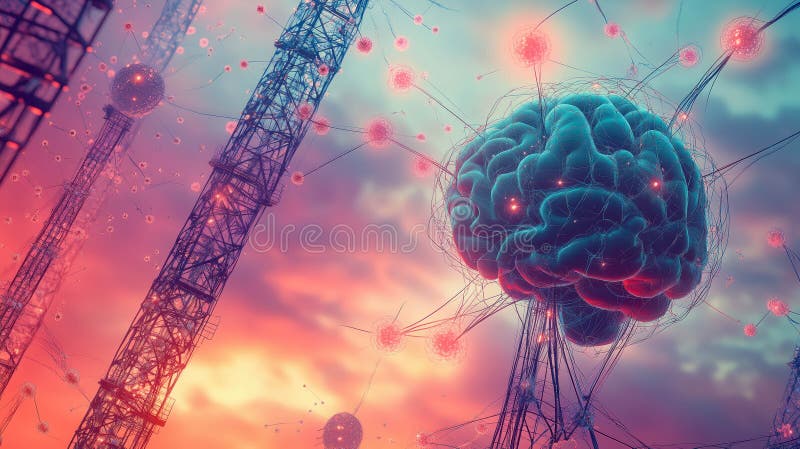 Brain Connecting with Telecommunication Towers at Sunset: Artificial ...