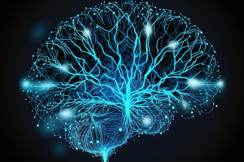 Brain Connection Network on Blue Neon Abstract Background. Generaive AI ...