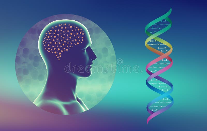 Brain Connections and DNA Helix on Blue Gradient Background Stock ...