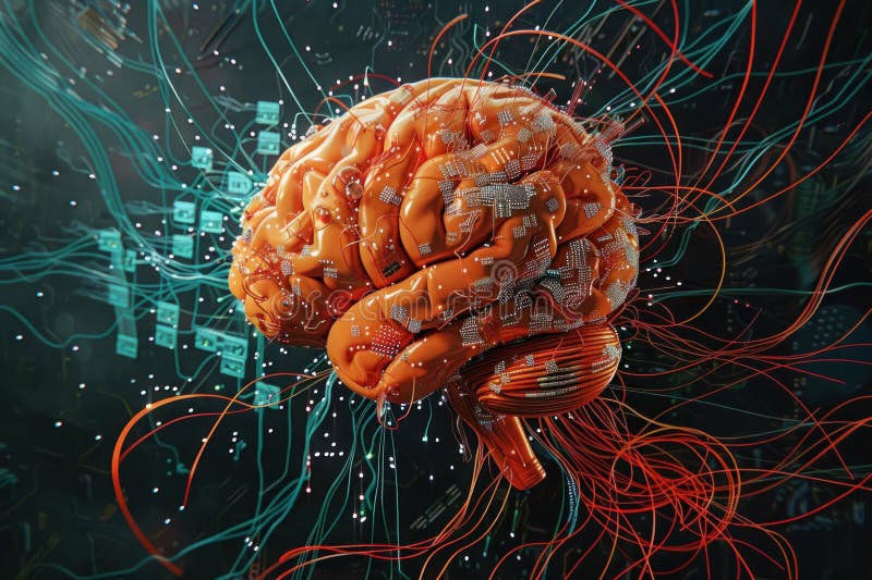 3D Rendering of an Orange Brain with Circuit Board Pattern and Binary ...