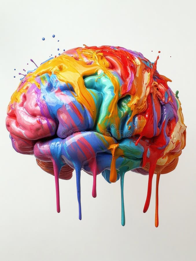 A Brain is Covered in Bright, Colorful Paint Strokes and Splashes ...
