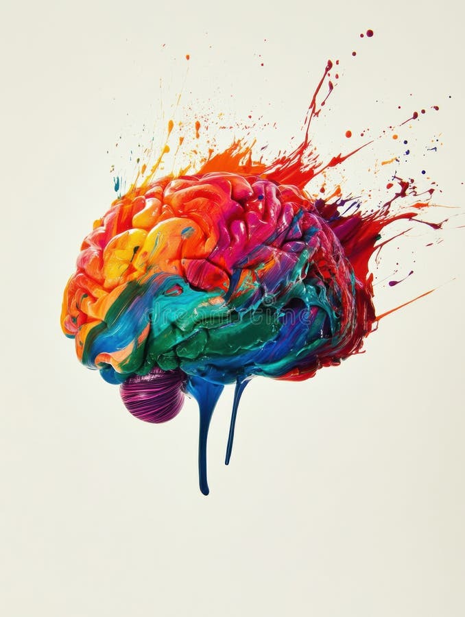 A Brain is Covered in Vibrant Paint Splashes, Showcasing an Explosion ...