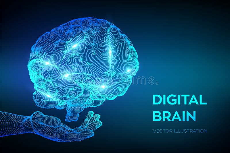 Brain. Digital Brain in Hand. 3D Science and Technology Concept. Neural ...