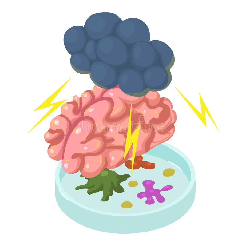 Brain Disease Icon Isometric Vector. Cloud with Lightning Over Brain ...