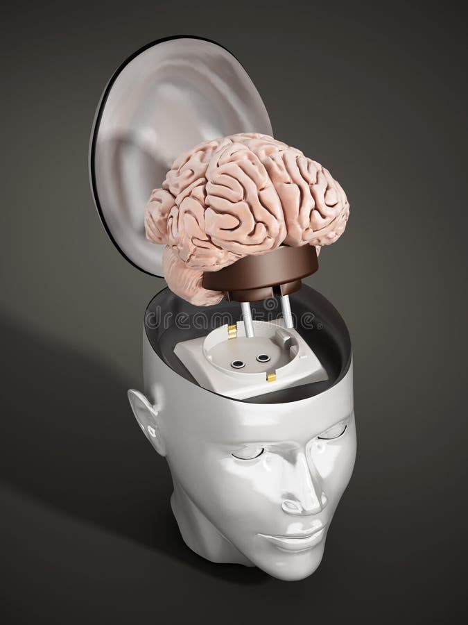 Brain with Electricity Plug Connected To the Human Head Stock ...
