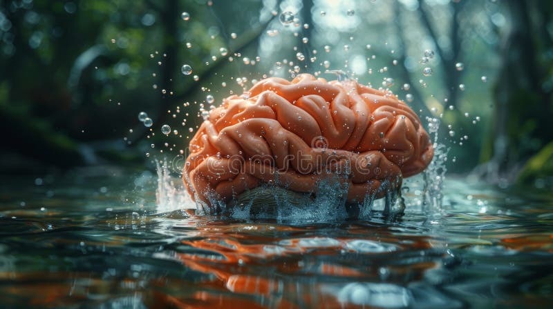 Brain Emerging from Water in a Mystical Forest Setting with Water ...